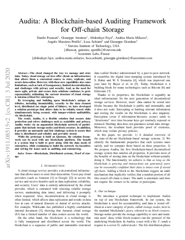 (PDF) Audita: A Blockchain-based Auditing Framework for Off-chain Storage