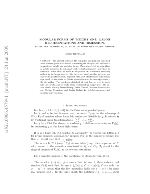 (PDF) Modular forms of weight one: Galois representations and dimension