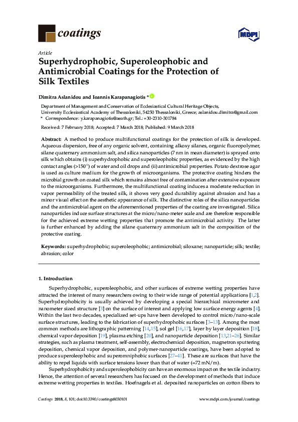 (PDF) Superhydrophobic, Superoleophobic and Antimicrobial Coatings for ...