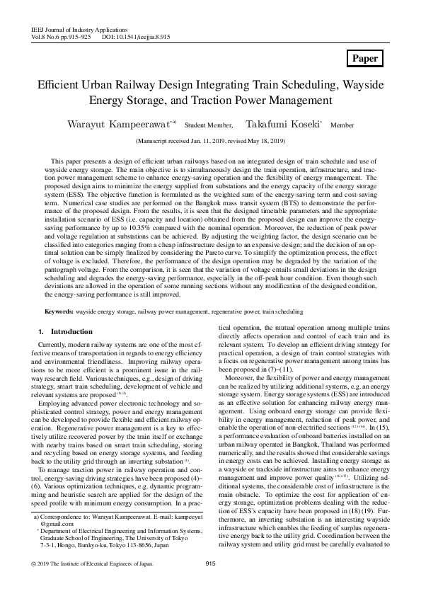 (PDF) Efficient Urban Railway Design Integrating Train Scheduling, Wayside Energy Storage, and ...