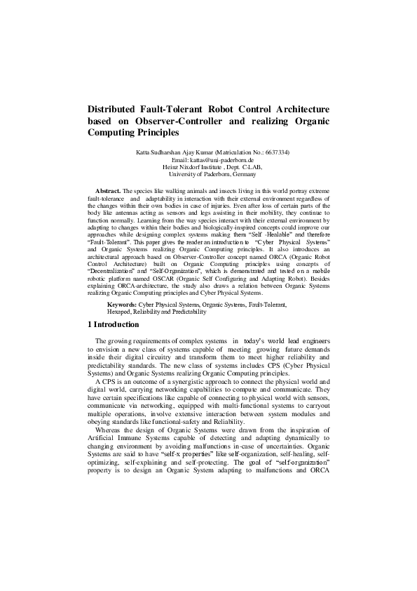 Pdf Distributed Fault Tolerant Robot Control Architecture Based On Observer Controller And