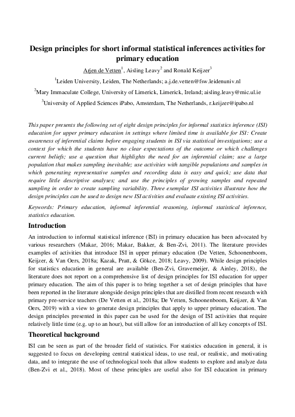 (PDF) Design principles for short informal statistical inferences activities for primary education