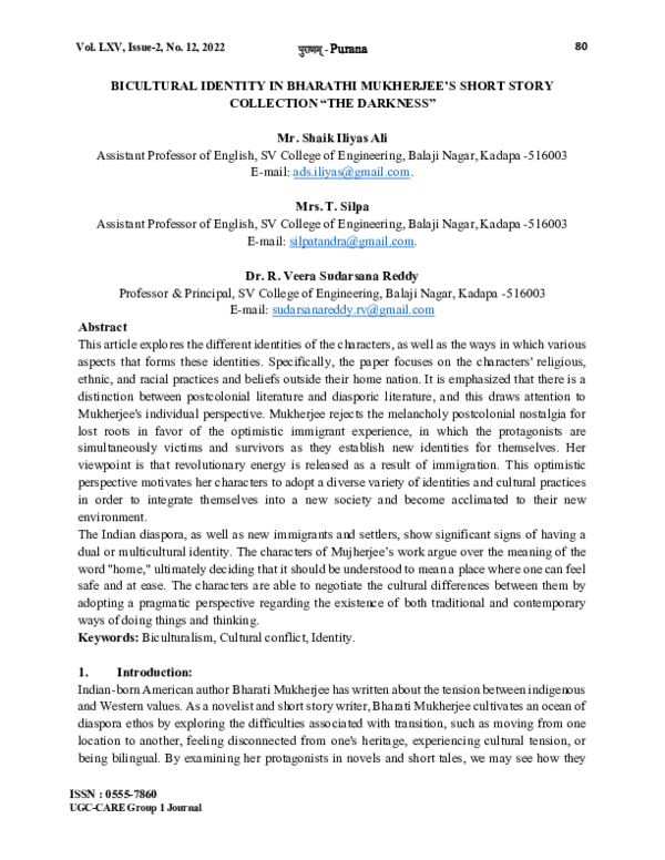 (PDF) BICULTURAL IDENTITY IN BHARATHI MUKHERJEE’S SHORT STORY ...