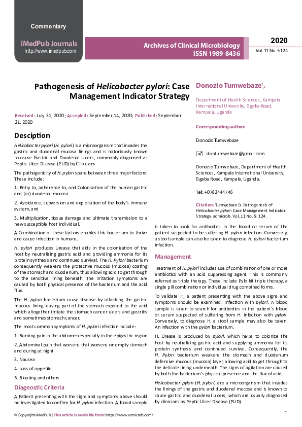 (PDF) Pathogenesis of Helicobacter pylori: Case Management Indicator ...