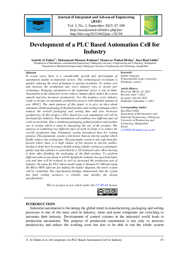 (PDF) Development of a PLC Based Automation Cell for Industry