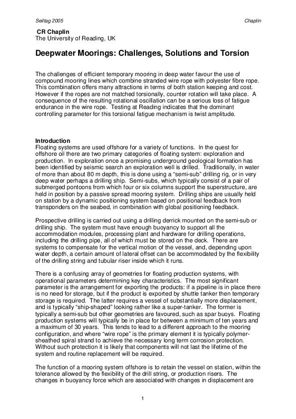 (PDF) Deep water mooring: Challenges, solutions and torsion