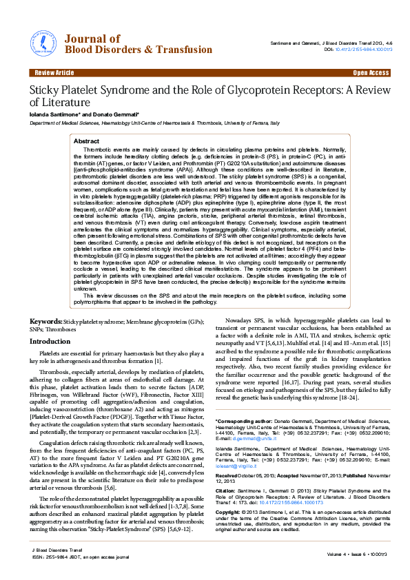 (PDF) Sticky Platelet Syndrome and the Role of Glycoprotein Receptors ...