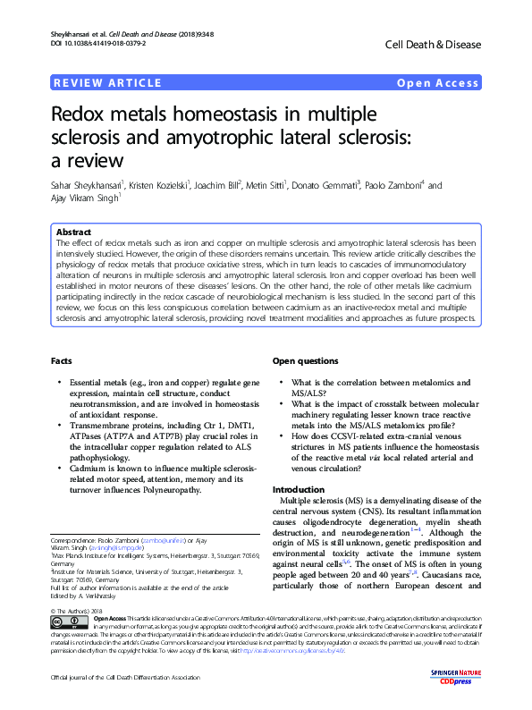 (PDF) Redox metals homeostasis in multiple sclerosis and amyotrophic ...