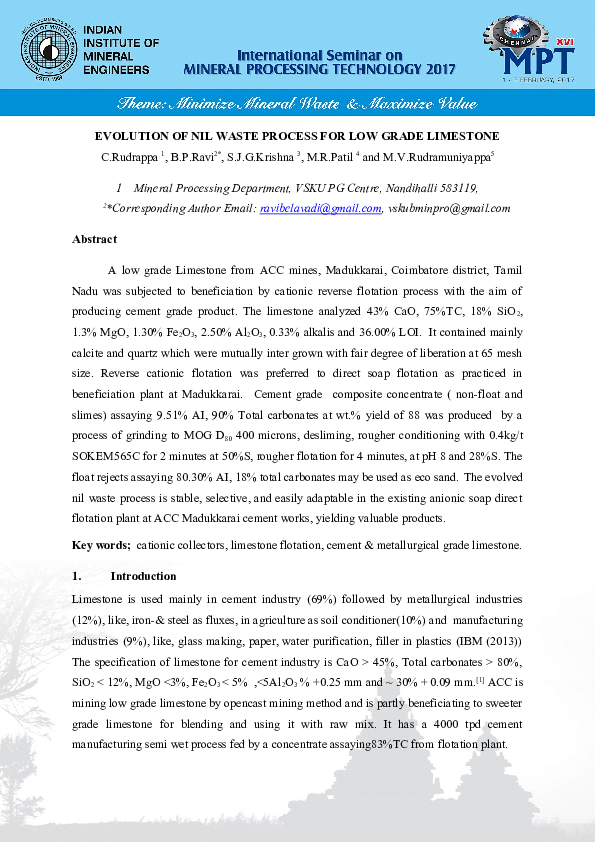 (DOC) EVOLUTION OF NIL WASTE PROCESS FOR LOW GRADE LIMESTONE