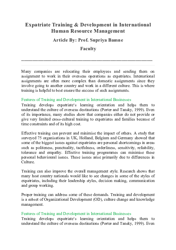 (DOC) Expatriate Training & Development in International Human Resource ...