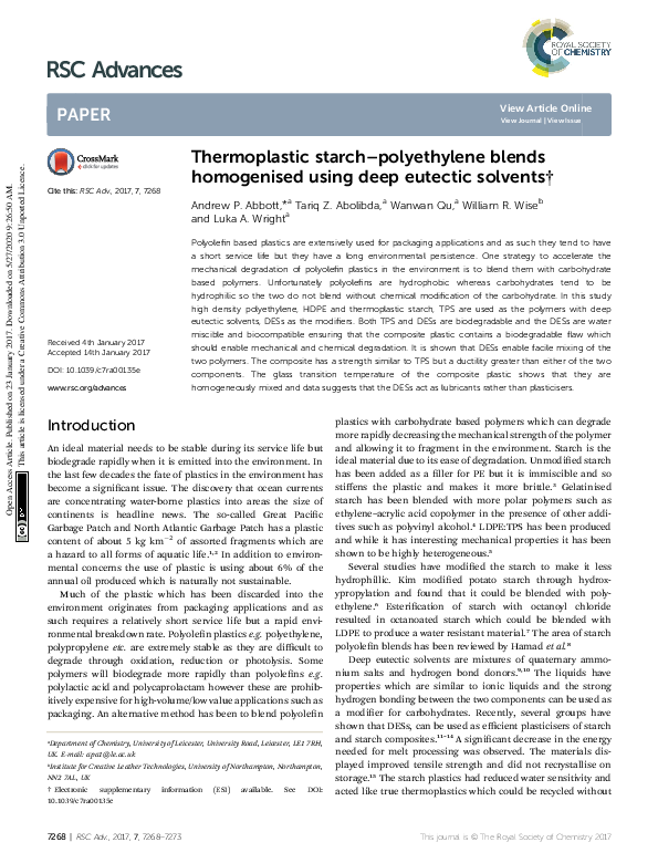(PDF) Thermoplastic starch–polyethylene blends homogenised using deep eutectic solvents