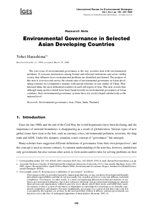 (PDF) Environmental Governance in Selected Asian Developing Countries