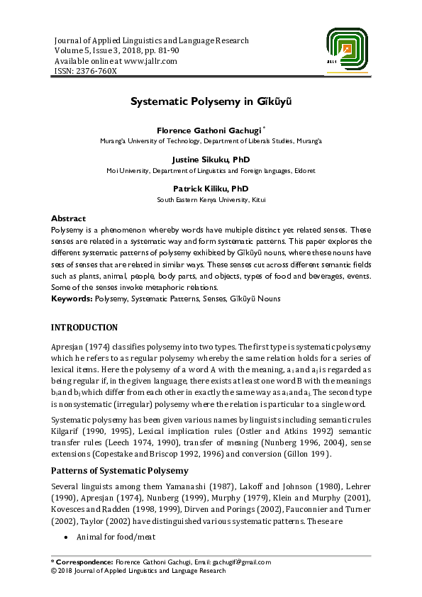 (PDF) Systematic Polysemy in Gĩkũyũ