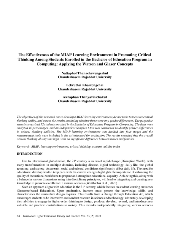 (PDF) The Effectiveness of the MIAP Learning Environment in Promoting Critical Thinking Among ...