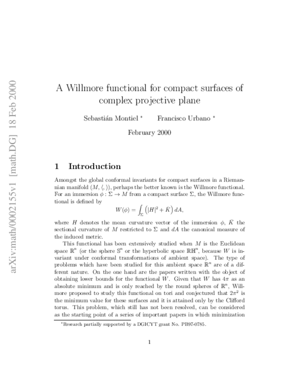 (PDF) A Willmore functional for compact surfaces of complex projective plane