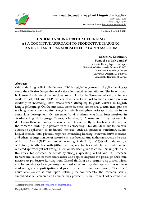 (PDF) Understanding Critical Thinking as a Cognitive Approach to Productive Learning and ...