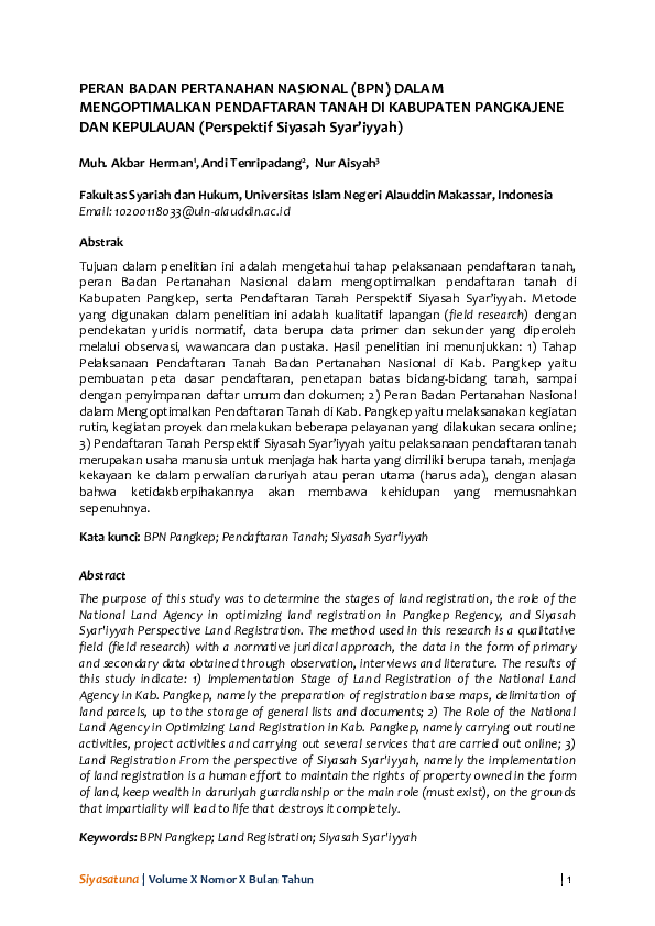 (PDF) PERAN BADAN PERTANAHAN NASIONAL (BPN) DALAM MENGOPTIMALKAN PENDAFTARAN TANAH DI KABUPATEN ...
