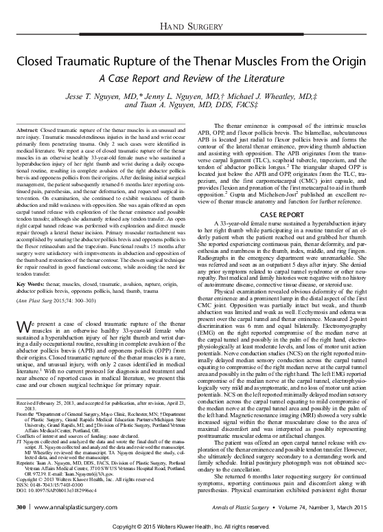(PDF) Closed Traumatic Rupture of the Thenar Muscles From the Origin