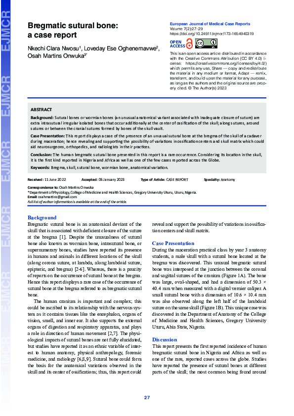 (PDF) Bregmatic sutural bone: a case report