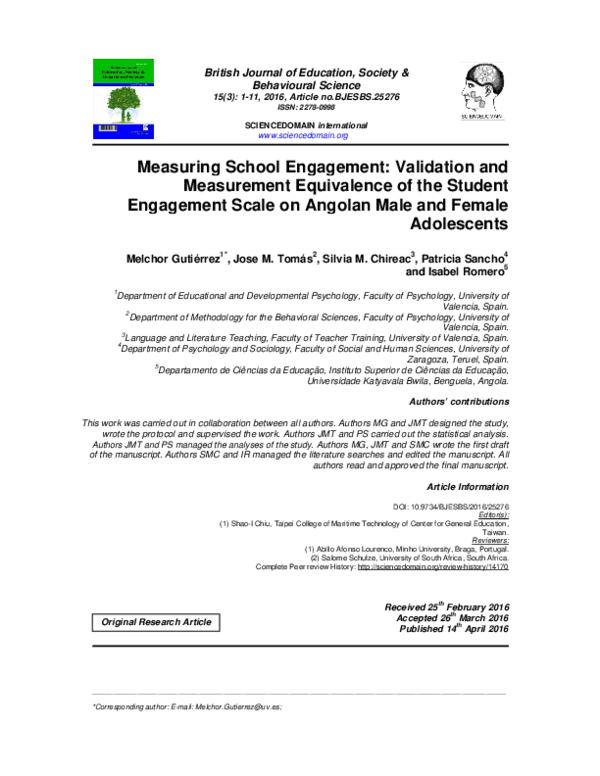(PDF) Measuring School Engagement: Validation and Measurement ...