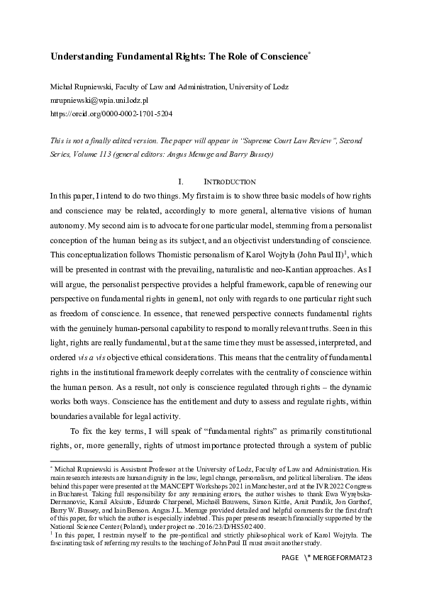 (PDF) Understanding Fundamental Rights: The Role of Conscience