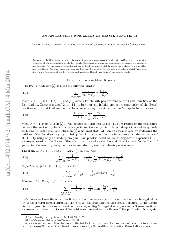 (PDF) On an identity for zeros of Bessel functions
