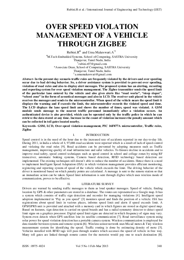 (PDF) Over Speed Violation Management of a Vehicle Through Zigbee