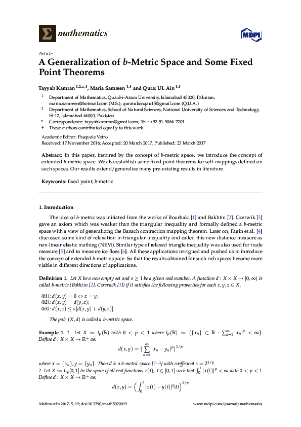 (PDF) A Generalization of b-Metric Space and Some Fixed Point Theorems | Maria Samreen ...