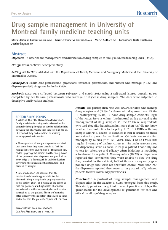 (PDF) Drug sample management in University of Montreal family medicine ...