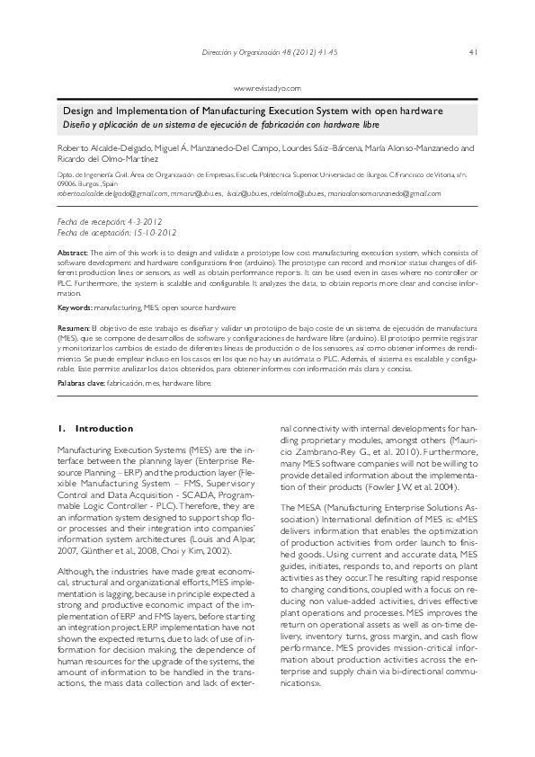 (PDF) Design and Implementation of Manufacturing Execution System with open hardware