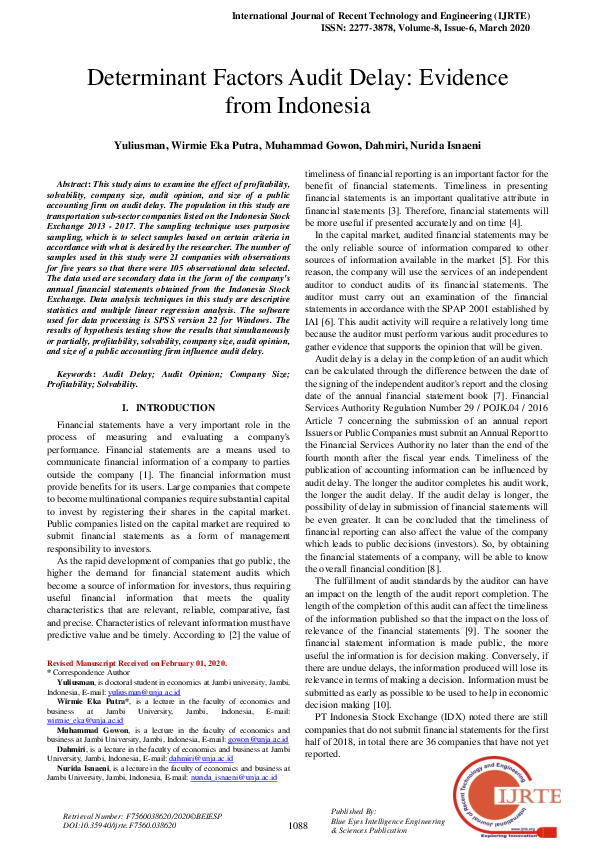 (PDF) Determinant Factors Audit Delay: Evidence from Indonesia