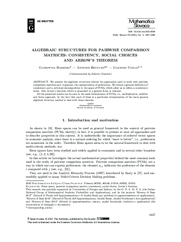 (PDF) Algebraic structures for pairwise comparison matrices: Consistency, social choices and ...
