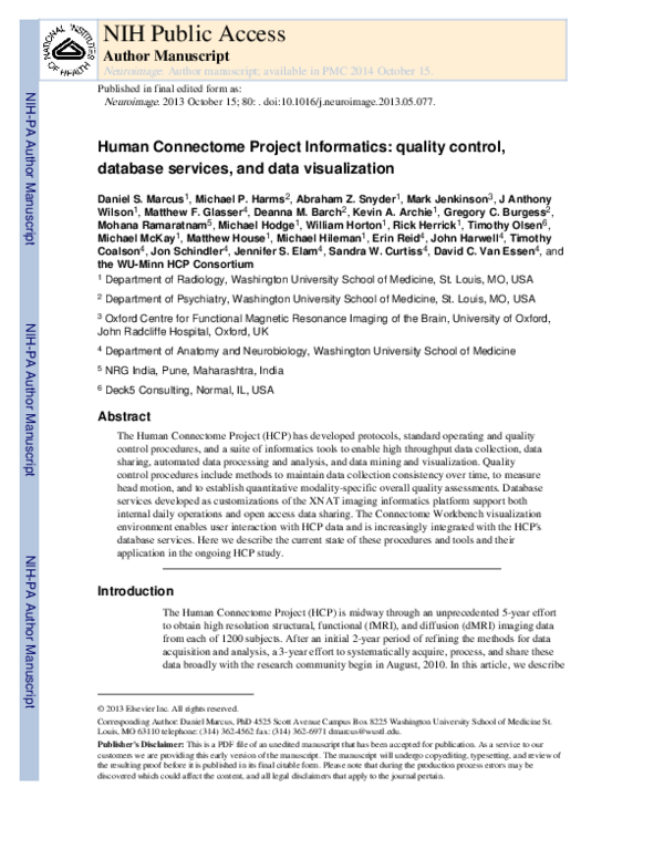 (PDF) Human Connectome Project informatics: Quality control, database services, and data ...