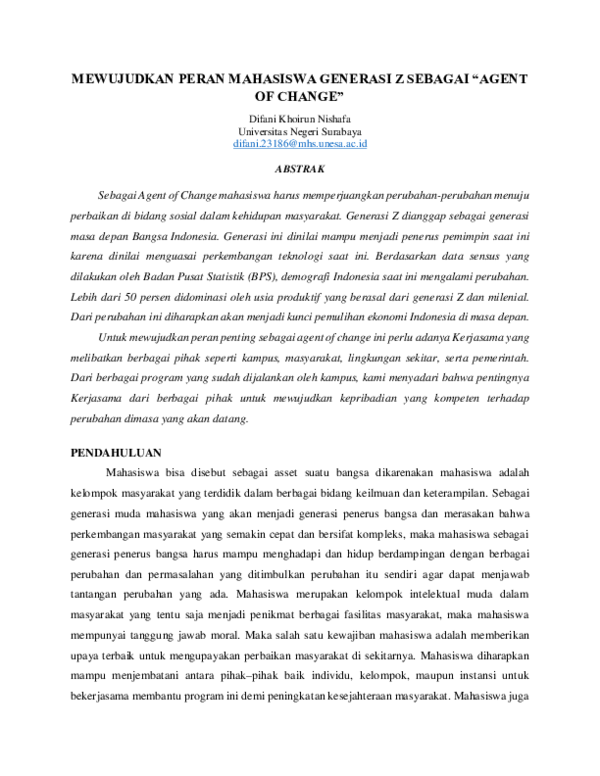 (PDF) MEWUJUDKAN PERAN MAHASISWA GENERASI Z SEBAGAI "AGENT OF CHANGE"