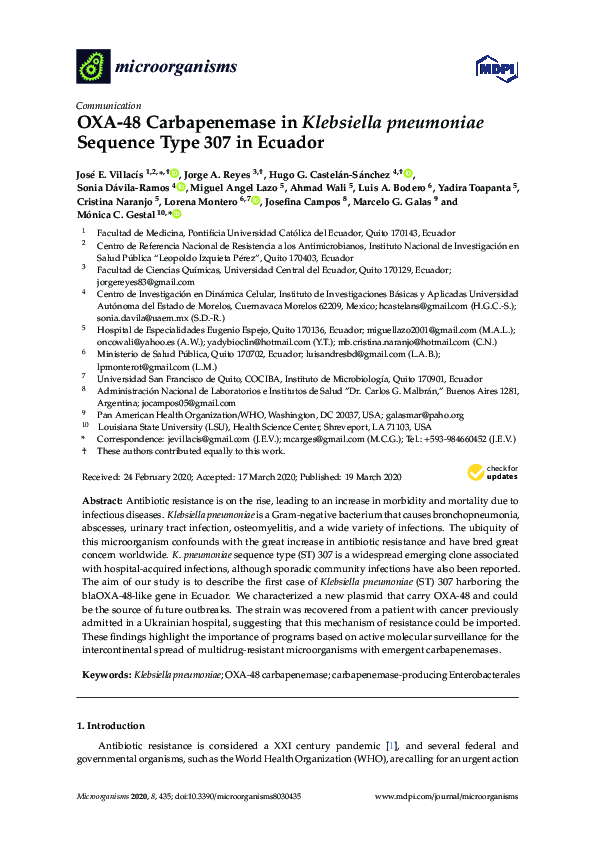 (PDF) OXA-48 Carbapenemase in Klebsiella pneumoniae Sequence Type 307 ...