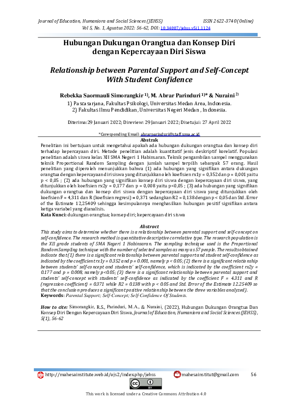 (PDF) Hubungan Dukungan Orangtua dan Konsep Diri dengan Kepercayaan Diri Siswa | Rebekka ...