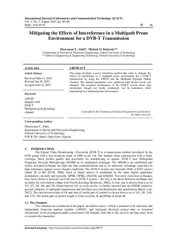 (PDF) Mitigating the Effects of Intereference in a Multipath Prone Environment for a DVB-T ...