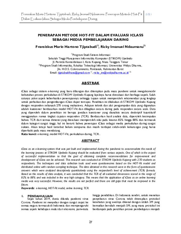 (PDF) Penerapan Metode Hot-Fit Dalam Evaluasi Iclass Sebagai Media Pembelajaran Daring | Ricky ...