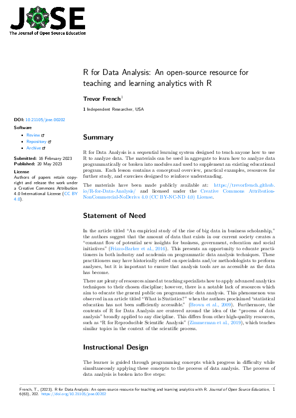 (PDF) R for Data Analysis: An open-source resource for teaching and ...