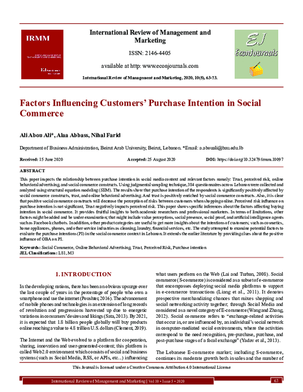 (PDF) Factors Influencing Customers’ Purchase Intention in Social Commerce