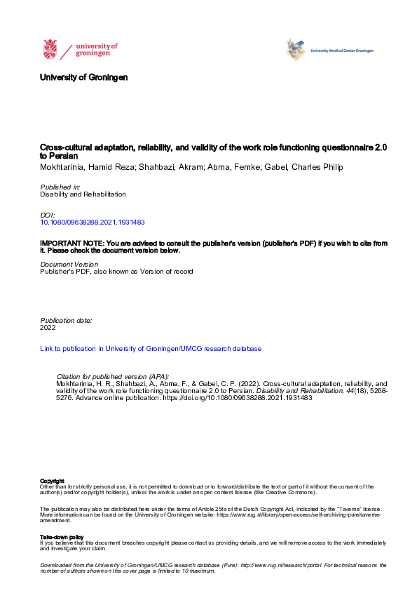 (PDF) Cross-cultural adaptation, reliability, and validity of the work role functioning ...