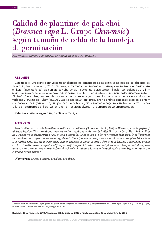 (PDF) Calidad de plantines de pak choi (Brassica rapa L. Grupo Chinensis) según tamaño de celda ...