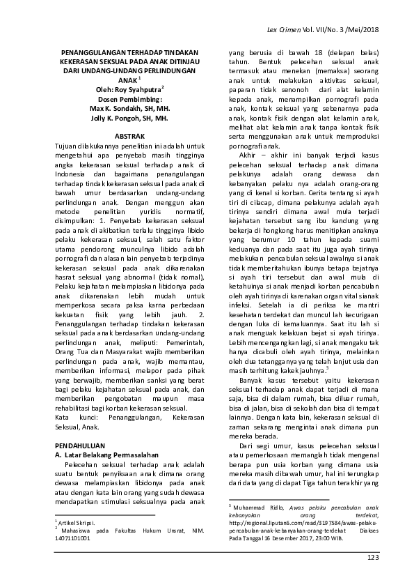 (PDF) Penanggulangan Terhadap Tindakan Kekerasan Seksual Pada Anak Ditinjau Dari Undang-Undang ...