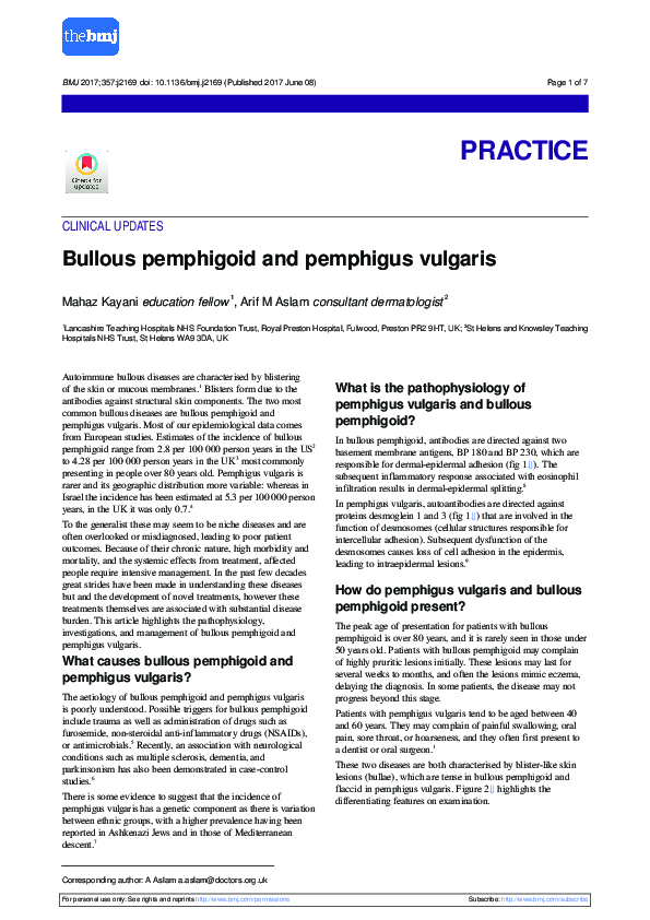 (PDF) Bullous pemphigoid and pemphigus vulgaris