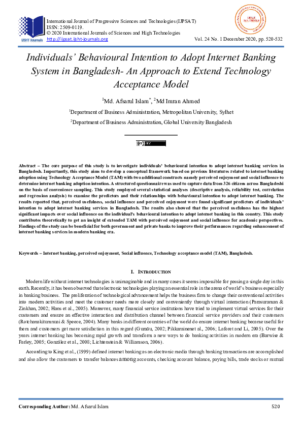(PDF) Individuals’ Behavioural Intention to Adopt Internet Banking System in Bangladesh- An ...