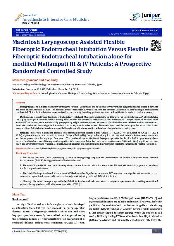 (PDF) Macintosh Laryngoscope Assisted Flexible Fiberoptic Endotracheal ...