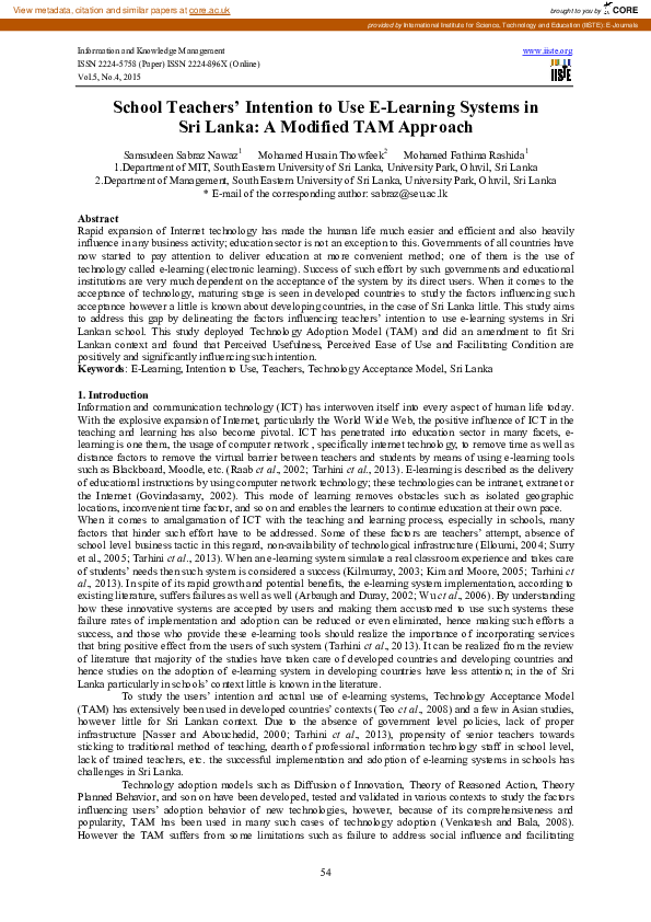 (PDF) School Teachers' Intention to Use E-Learning Systems in Sri Lanka: A Modified TAM Approach