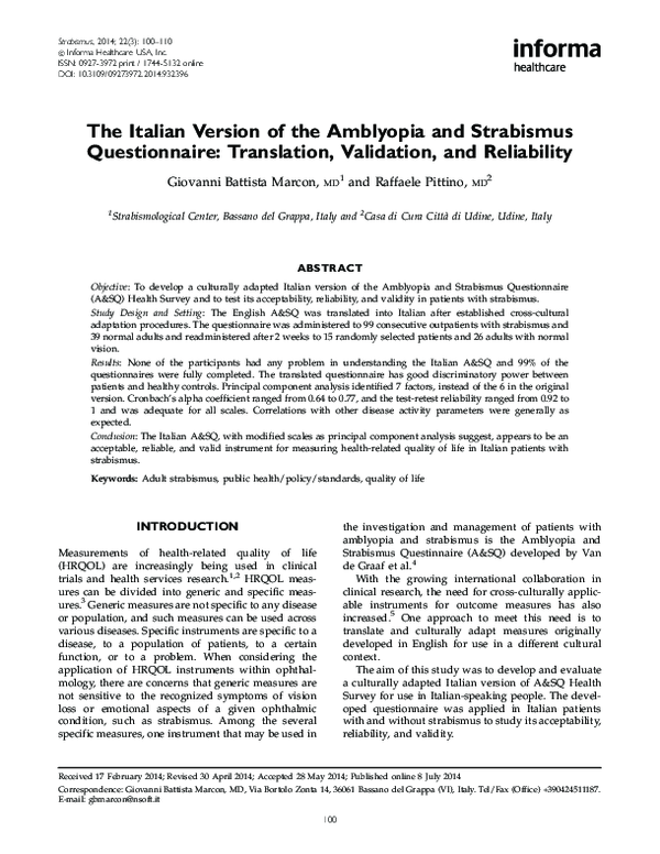 (PDF) The Italian Version of the Amblyopia and Strabismus Questionnaire: Translation, Validation ...