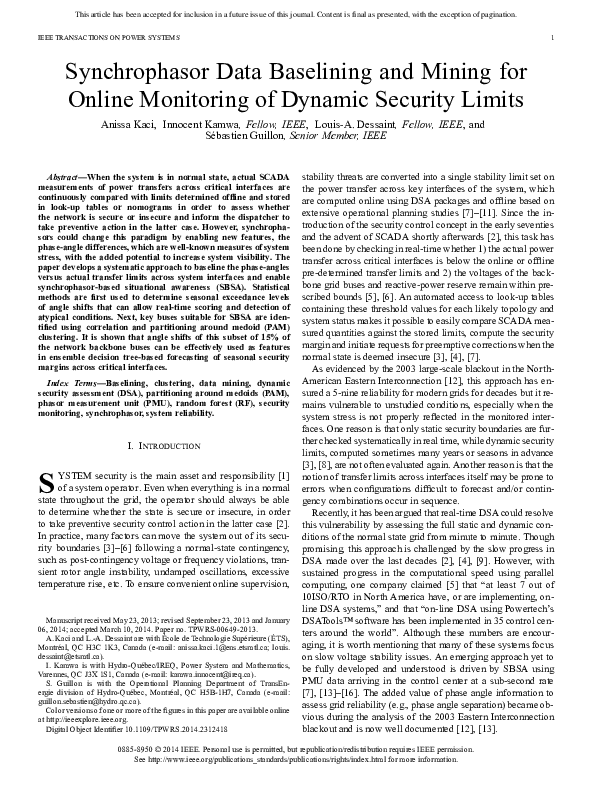 (PDF) Synchrophasor Data Baselining and Mining for Online Monitoring of Dynamic Security Limits