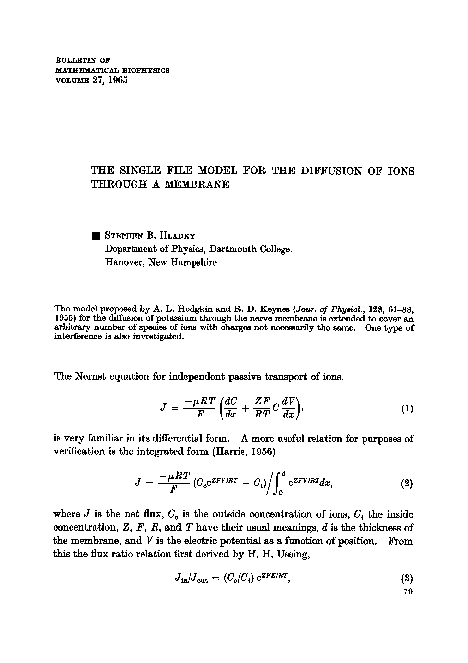 (PDF) The single file model for the diffusion of ions through a membrane